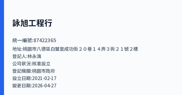詠旭工程行的照片-統編 87422365(桃園市) 公司登記資料與營業項目詳細圖表