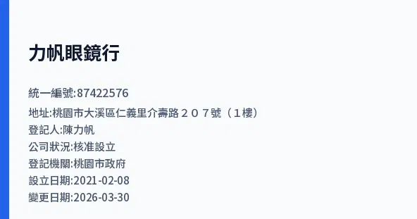 力帆眼鏡行的照片-統編 87422576(桃園市) 公司登記資料與營業項目詳細圖表