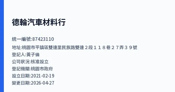 德輪汽車材料行的照片-統編 87423110(桃園市) 公司登記資料與營業項目詳細圖表