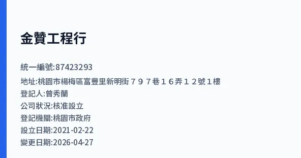 金贊工程行的照片-統編 87423293(桃園市) 公司登記資料與營業項目詳細圖表