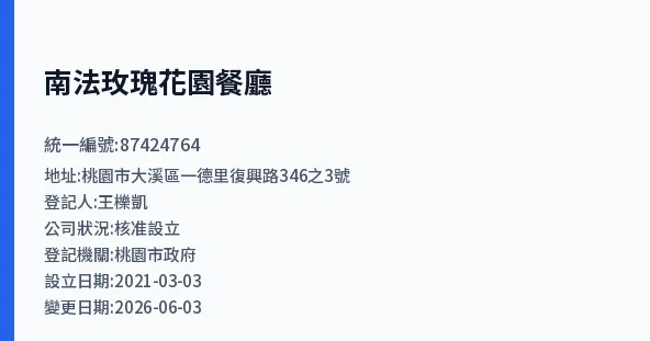 南法玫瑰花園餐廳的照片-統編 87424764(桃園市) 公司登記資料與營業項目詳細圖表