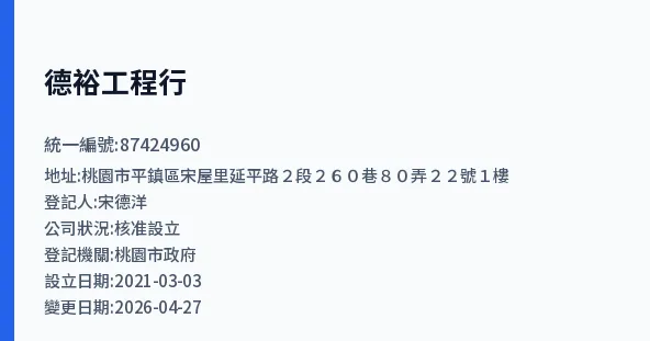 德裕工程行的照片-統編 87424960(桃園市) 公司登記資料與營業項目詳細圖表