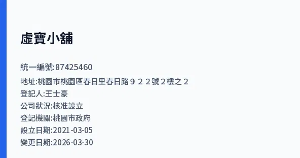 虛寶小舖的照片-統編 87425460(桃園市) 公司登記資料與營業項目詳細圖表