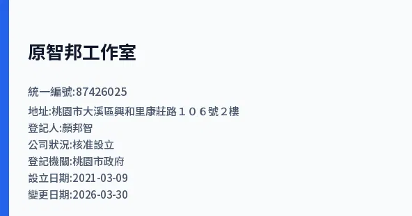 原智邦工作室的照片-統編 87426025(桃園市) 公司登記資料與營業項目詳細圖表