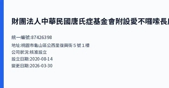 財團法人中華民國唐氏症基金會附設愛不囉嗦長庚庇護商店的照片-統編 87426398(桃園市) 公司登記資料與營業項目詳細圖表