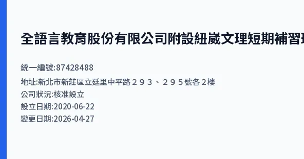全語言教育股份有限公司附設紐崴文理短期補習班的照片-統編 87428488(新北市) 公司登記資料與營業項目詳細圖表