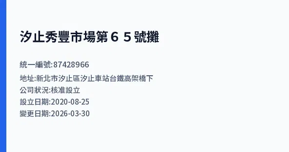 汐止秀豐市場第65號攤的照片-統編 87428966(新北市) 公司登記資料與營業項目詳細圖表