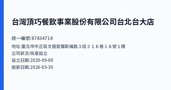 台灣頂巧餐飲事業股份有限公司台北台大店的照片-統編 87434714(臺北市) 公司登記資料與營業項目詳細圖表
