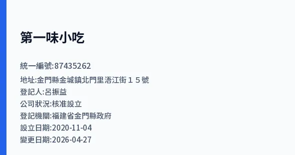 第一味小吃的照片-統編 87435262(金門縣) 公司登記資料與營業項目詳細圖表