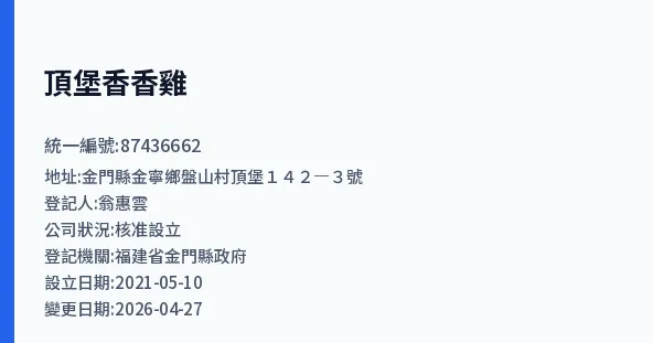 頂堡香香雞的照片-統編 87436662(金門縣) 公司登記資料與營業項目詳細圖表