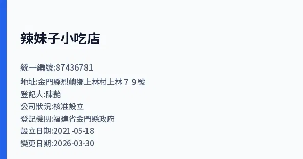 辣妹子小吃店的照片-統編 87436781(金門縣) 公司登記資料與營業項目詳細圖表
