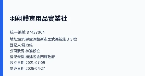羽翔體育用品實業社的照片-統編 87437064(金門縣) 公司登記資料與營業項目詳細圖表