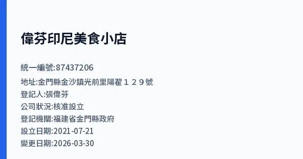 偉芬印尼美食小店的照片-統編 87437206(金門縣) 公司登記資料與營業項目詳細圖表