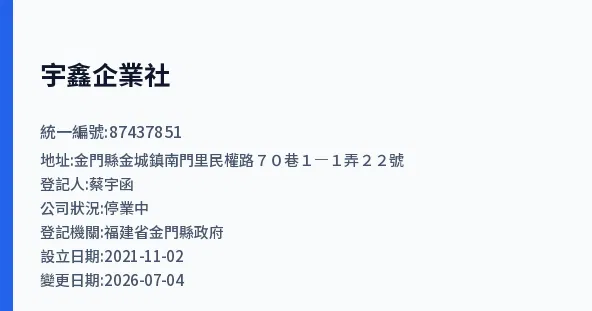 宇鑫企業社的照片-統編 87437851(金門縣) 公司登記資料與營業項目詳細圖表