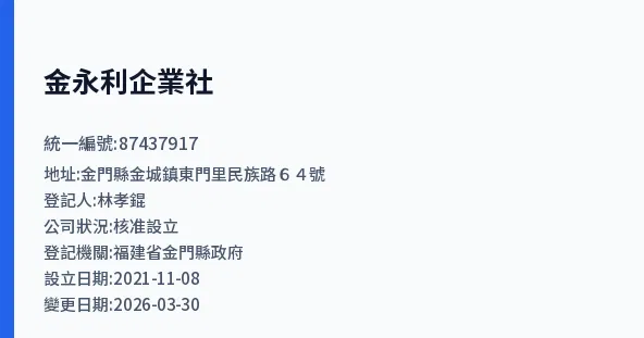 金永利企業社的照片-統編 87437917(金門縣) 公司登記資料與營業項目詳細圖表