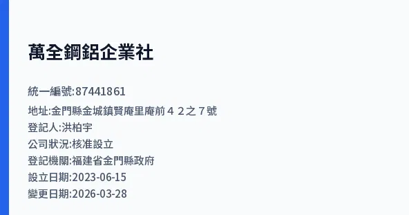 萬全鋼鋁企業社的照片-統編 87441861(金門縣) 公司登記資料與營業項目詳細圖表