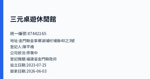 三元桌遊休閒館的照片-統編 87442165(金門縣) 公司登記資料與營業項目詳細圖表