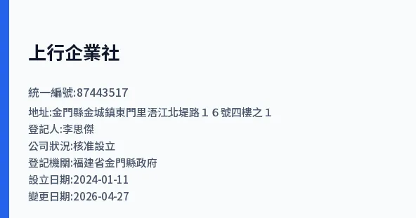 上行企業社的照片-統編 87443517(金門縣) 公司登記資料與營業項目詳細圖表