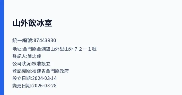 山外飲冰室的照片-統編 87443930(金門縣) 公司登記資料與營業項目詳細圖表