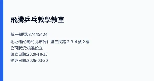 飛騰乒乓教學教室的照片-統編 87445424(新竹縣) 公司登記資料與營業項目詳細圖表