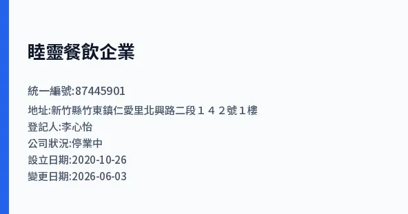 睦靈餐飲企業的照片-統編 87445901(新竹縣) 公司登記資料與營業項目詳細圖表