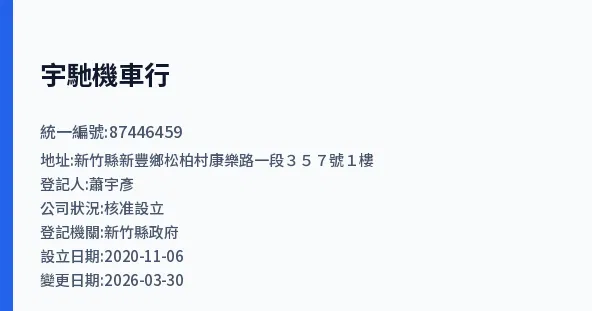 宇馳機車行的照片-統編 87446459(新竹縣) 公司登記資料與營業項目詳細圖表