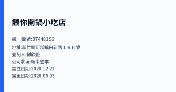 餵你開鍋小吃店的照片-統編 87448196(新竹縣) 公司登記資料與營業項目詳細圖表