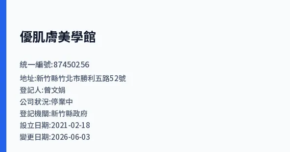 優肌膚美學館的照片-統編 87450256(新竹縣) 公司登記資料與營業項目詳細圖表
