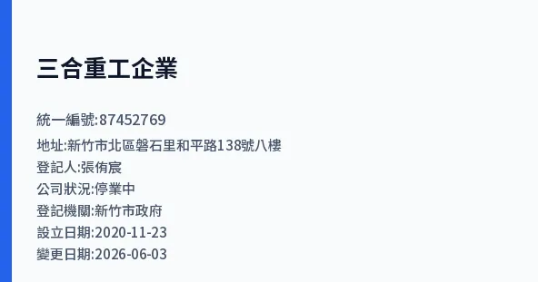 三合重工企業的照片-統編 87452769(新竹市) 公司登記資料與營業項目詳細圖表