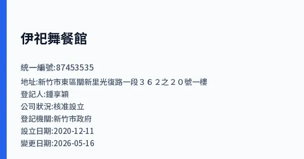 伊祀舞餐館的照片-統編 87453535(新竹市) 公司登記資料與營業項目詳細圖表