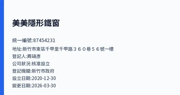 美美隱形鐵窗的照片-統編 87454231(新竹市) 公司登記資料與營業項目詳細圖表