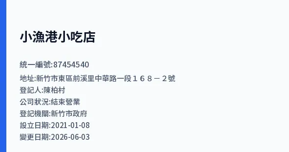 小漁港小吃店的照片-統編 87454540(新竹市) 公司登記資料與營業項目詳細圖表