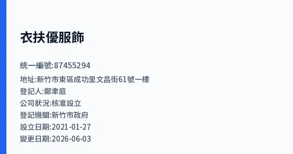 衣扶優服飾的照片-統編 87455294(新竹市) 公司登記資料與營業項目詳細圖表