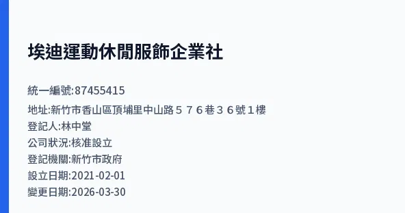 埃迪運動休閒服飾企業社的照片-統編 87455415(新竹市) 公司登記資料與營業項目詳細圖表