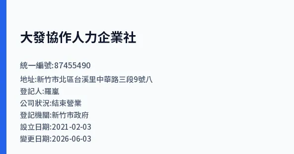 大發協作人力企業社的照片-統編 87455490(新竹市) 公司登記資料與營業項目詳細圖表
