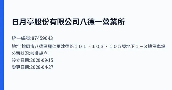 日月亭股份有限公司八德一營業所的照片-統編 87459643(桃園市) 公司登記資料與營業項目詳細圖表