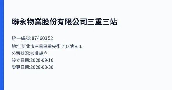 聯永物業股份有限公司三重三站的照片-統編 87460352(新北市) 公司登記資料與營業項目詳細圖表