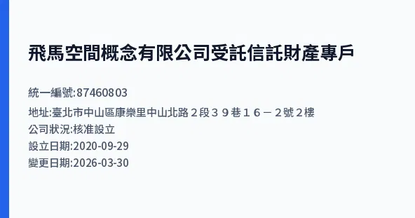 飛馬空間概念有限公司受託信託財產專戶的照片-統編 87460803(臺北市) 公司登記資料與營業項目詳細圖表