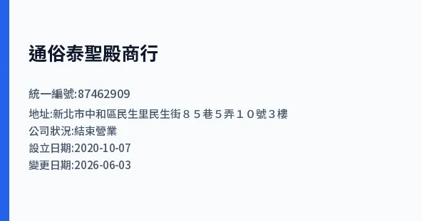 通俗泰聖殿商行的照片-統編 87462909(新北市) 公司登記資料與營業項目詳細圖表