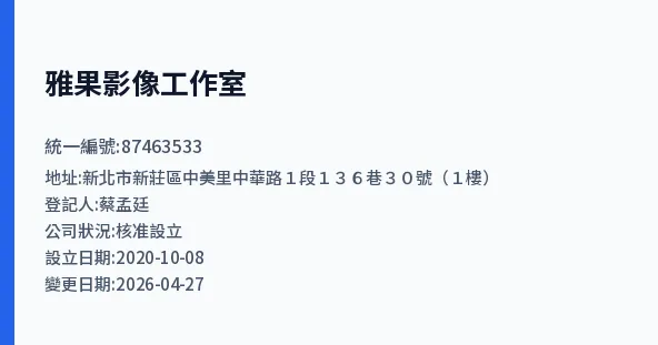雅果影像工作室的照片-統編 87463533(新北市) 公司登記資料與營業項目詳細圖表