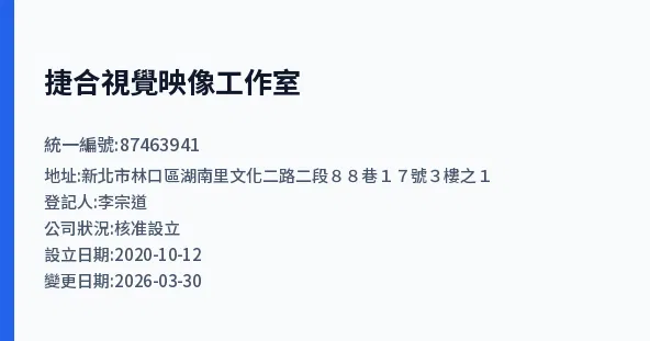 捷合視覺映像工作室的照片-統編 87463941(新北市) 公司登記資料與營業項目詳細圖表