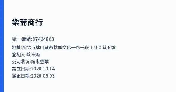 樂荋商行的照片-統編 87464863(新北市) 公司登記資料與營業項目詳細圖表