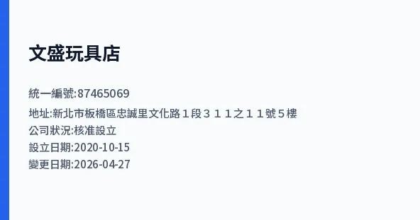 文盛玩具店的照片-統編 87465069(新北市) 公司登記資料與營業項目詳細圖表