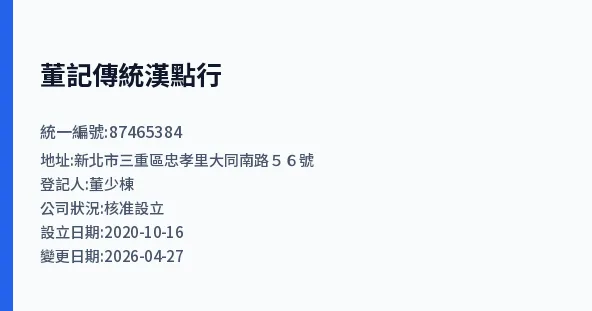 董記傳統漢點行的照片-統編 87465384(新北市) 公司登記資料與營業項目詳細圖表