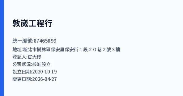 敦崴工程行的照片-統編 87465899(新北市) 公司登記資料與營業項目詳細圖表