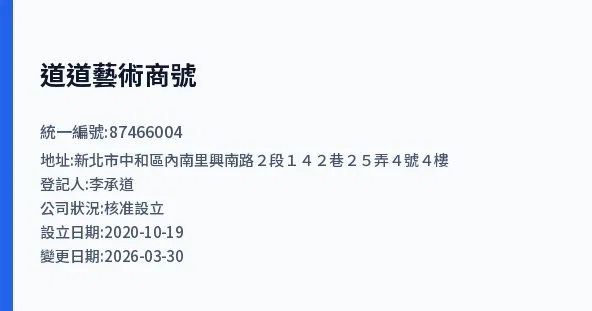 道道藝術商號的照片-統編 87466004(新北市) 公司登記資料與營業項目詳細圖表
