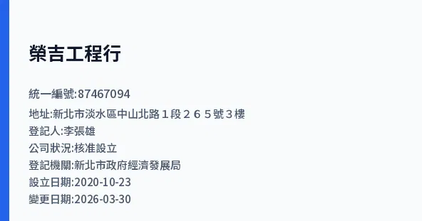 榮吉工程行的照片-統編 87467094(新北市) 公司登記資料與營業項目詳細圖表