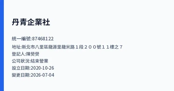 丹青企業社的照片-統編 87468122(新北市) 公司登記資料與營業項目詳細圖表
