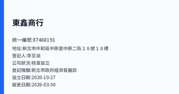 東鑫商行的照片-統編 87468191(新北市) 公司登記資料與營業項目詳細圖表