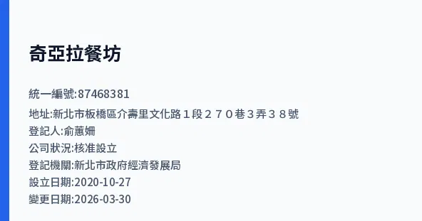 奇亞拉餐坊的照片-統編 87468381(新北市) 公司登記資料與營業項目詳細圖表